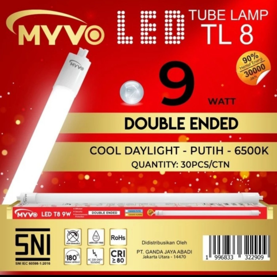 Jual LAMPU TL LED T8 60CM 9W 9 WATT MYVO CAHAYA PUTIH CDL 6500K SNI BAGUS | Shopee Indonesia