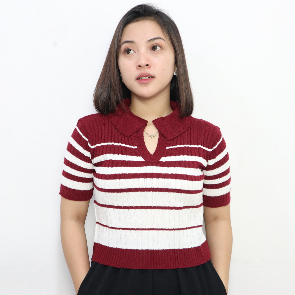 Jual Atasan Kerah Polo Salur Wanita Kaos V-neck Rajut Lengan Pendek Style Korea | Shopee Indonesia