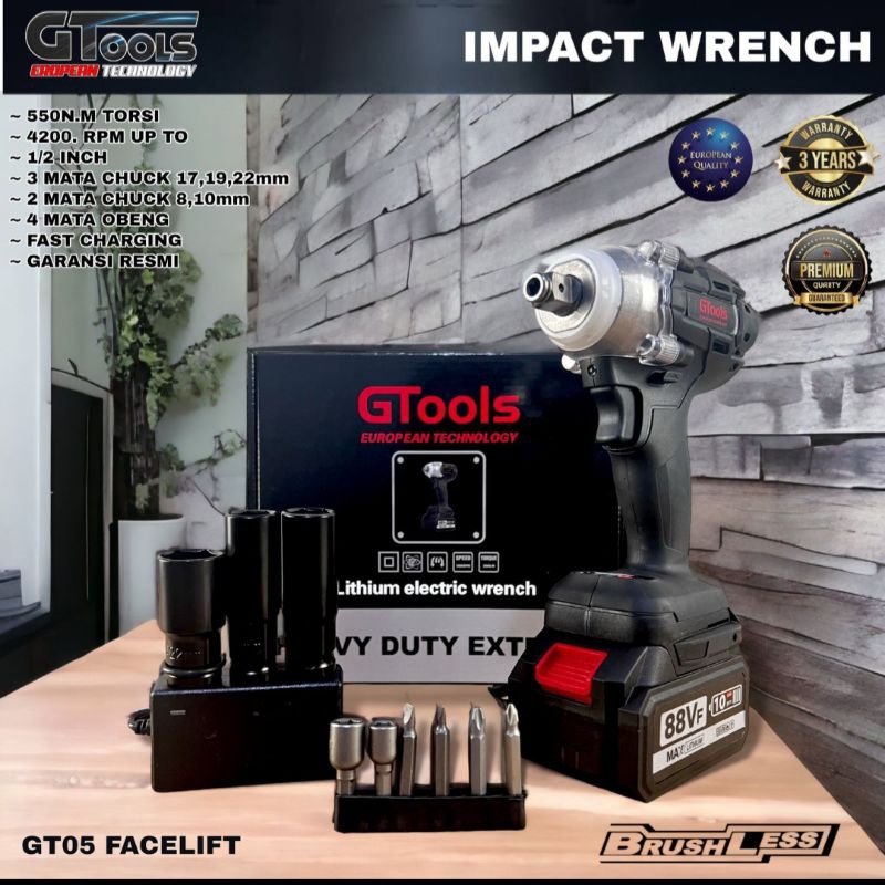 Jual impact wrench 88V GTOOLS GT05 facelift mesin pembuka baut ban mobil motor CVT baterai ...