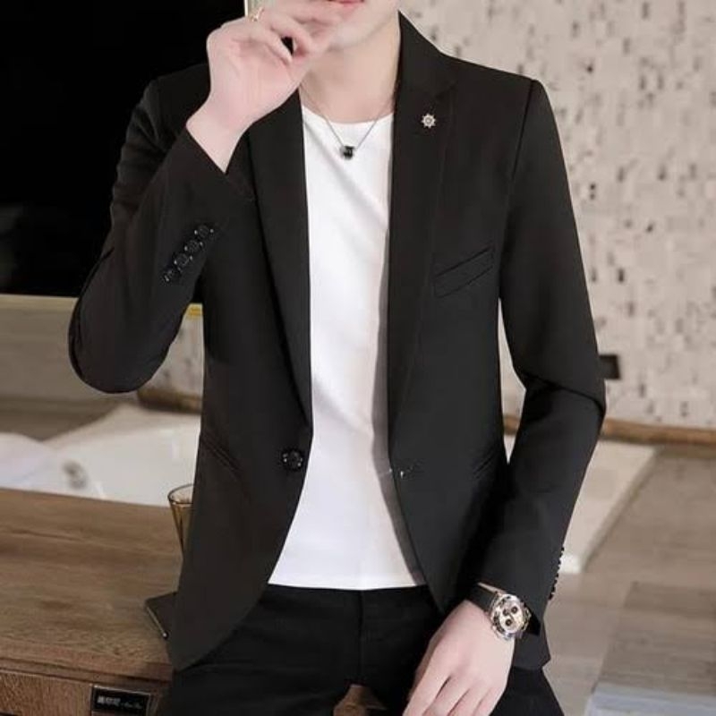 Jual Jas pria hitam formal slimfit kancing satu / jas blazer casual pria semi formal saku tanpa ...