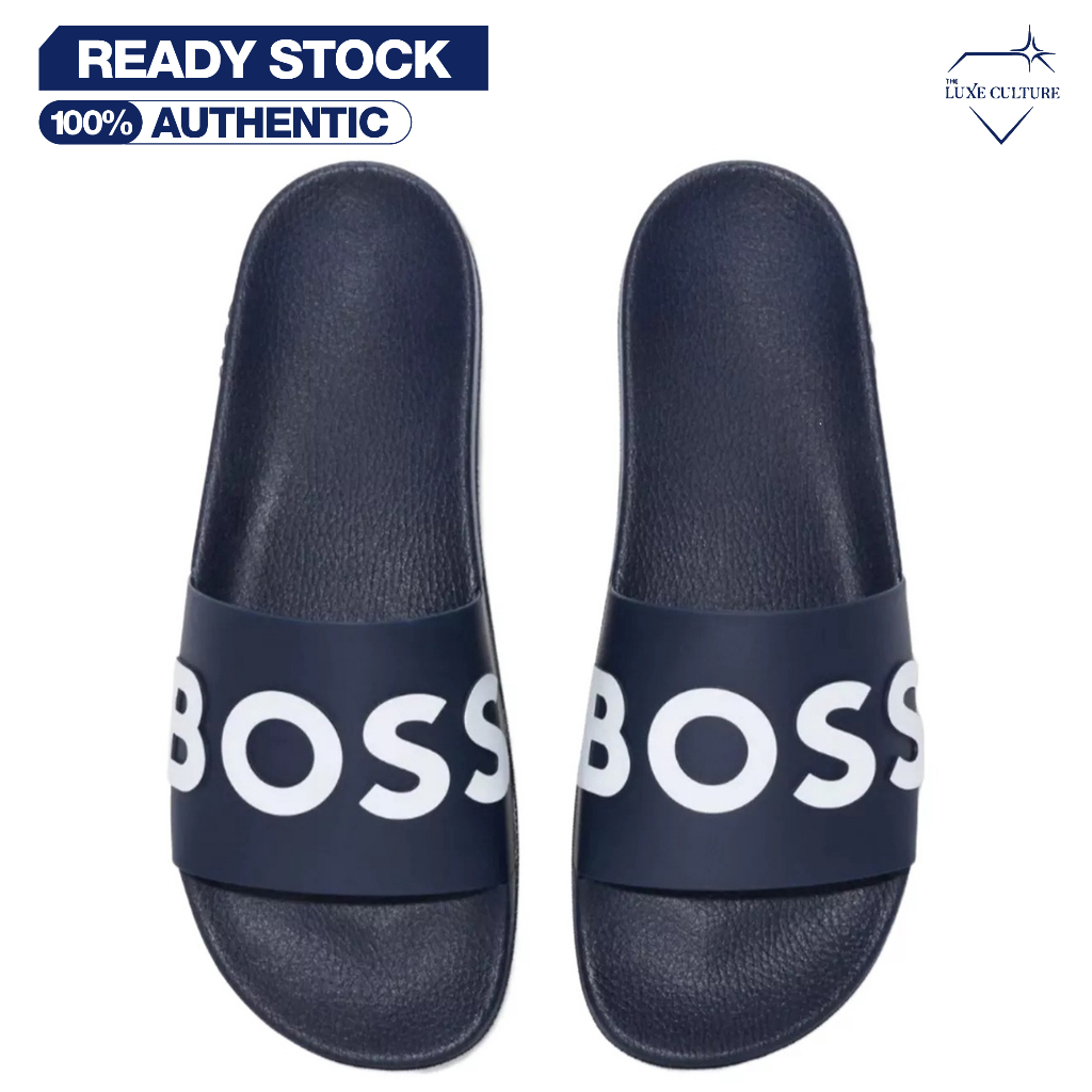 Jual Hugo Boss Print Dark Blue Slide Slippers Premium / Sandal Pria ...