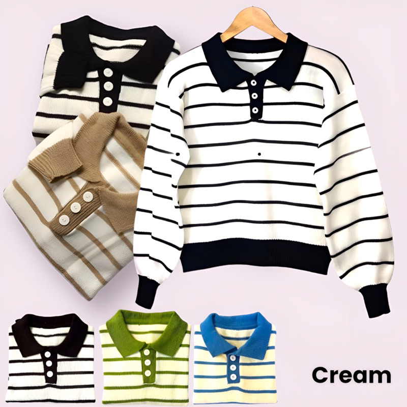 Jual Alexa Polo Sweater Rajut Wanita Oversize Motif Strip Tebal Premium ...