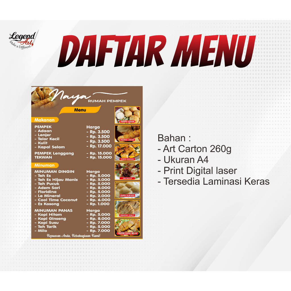 Jual Cetak Daftar Menu Makanan Minuman Cafe Custom A4 - Free Desain ...