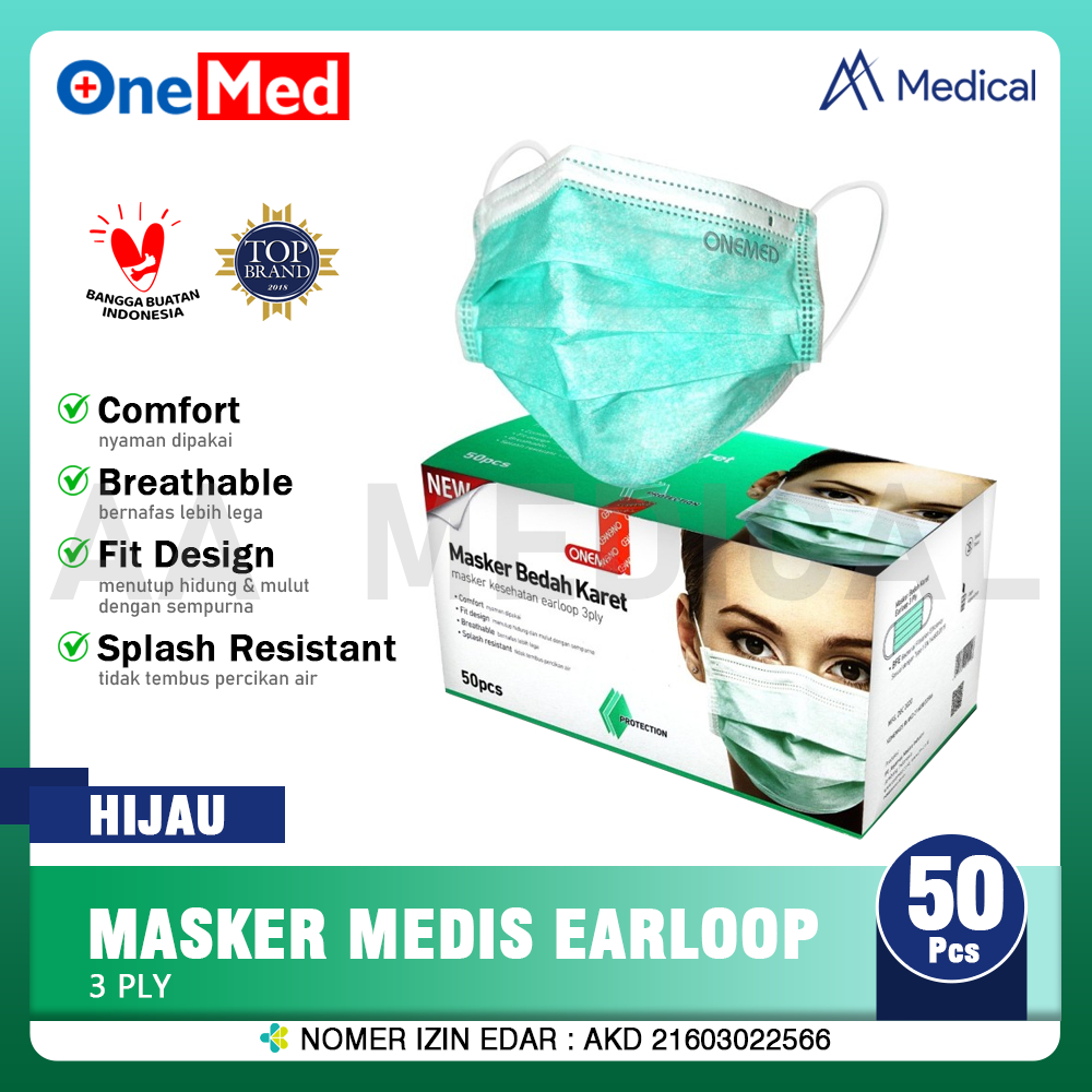 Jual ONEMED Masker Medis Earloop Surgical Mask Hijau 3 Ply Box isi 50 ...