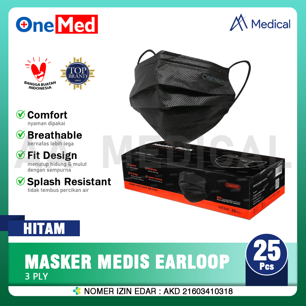 Jual ONEMED Masker Medis Earloop Surgical Mask Hitam 3 Ply Box isi 25 ...