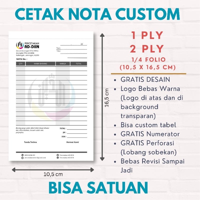 Jual Cetak Nota Custom 1 Ply / 2 Ply ( 2 lapis Tembus) 1/4 Folio Bisa ...