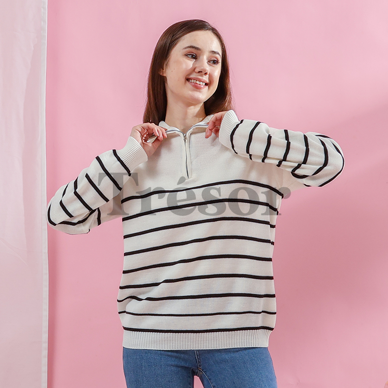 Jual TRESOR Luna Stripe Zipper Top Knit | Sweater Rajut Stripe Garis Oversize Wanita Kerah ...