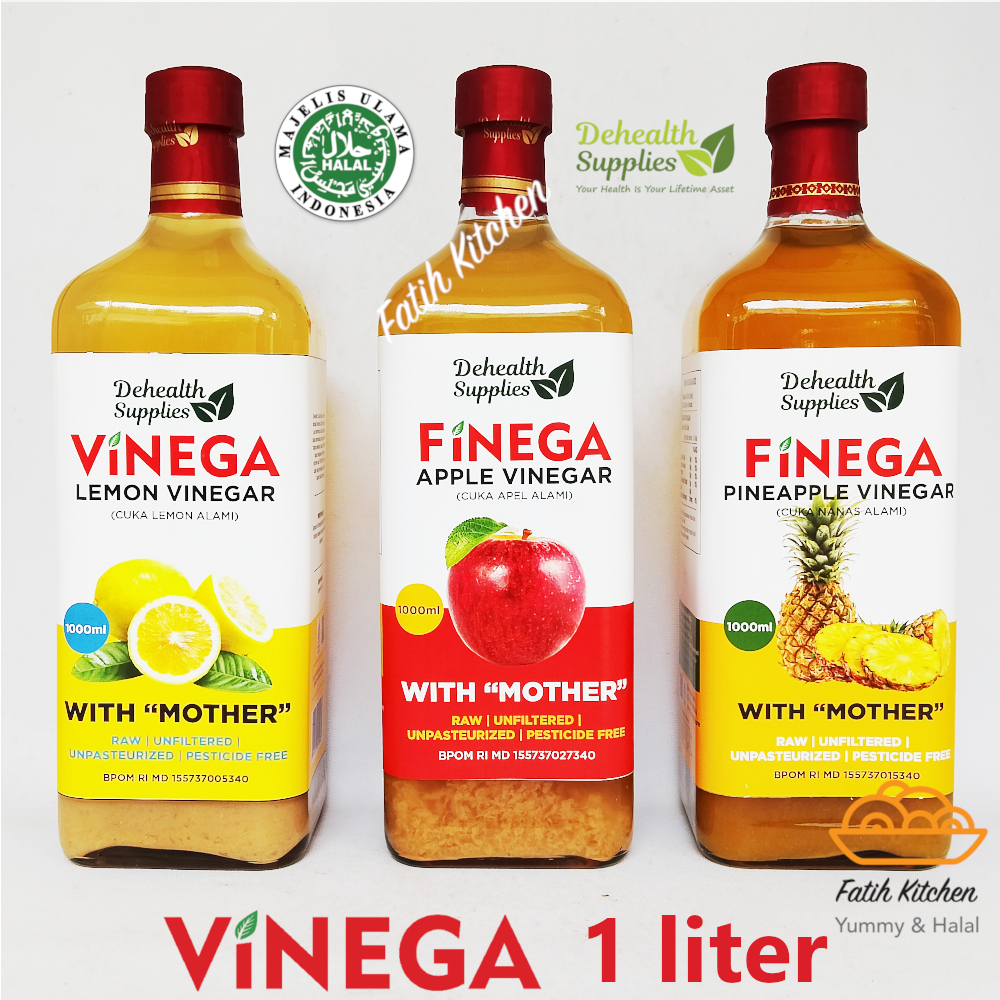 Jual Finega Vinega Cuka Apel / Nanas / Lemon 1 liter Botol Kaca Halal ...