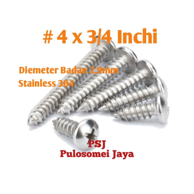 Jual Sekrup Tapping Stainless 4 x 3/4 / Tapping PH Stainless 304 ...