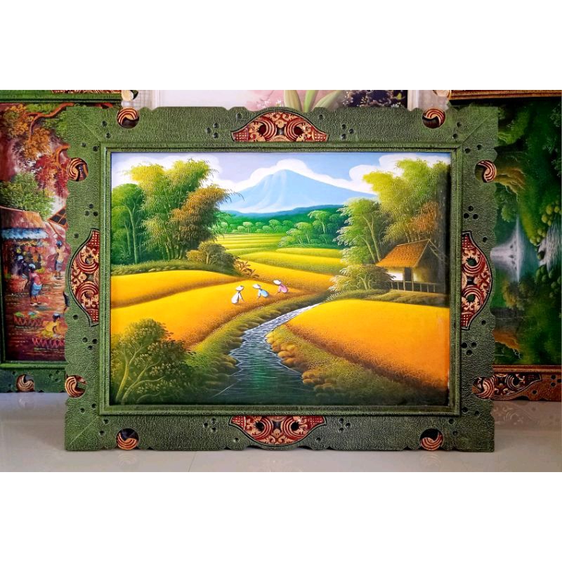 Jual Lukisan pemandangan sawah panen alam pegunungan Lukisan feng shui ...