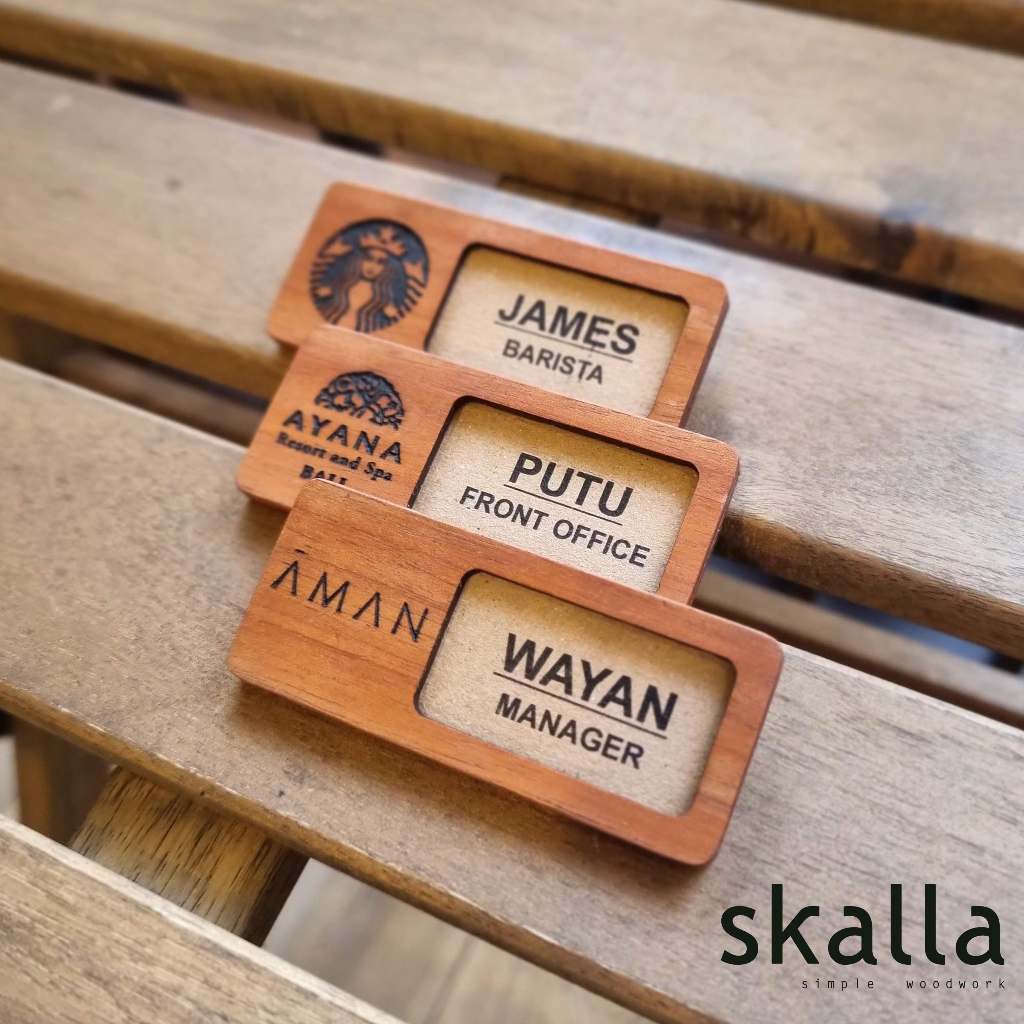 Jual name tag reusable kayu badge papan nama dada wooden nametag custom ...