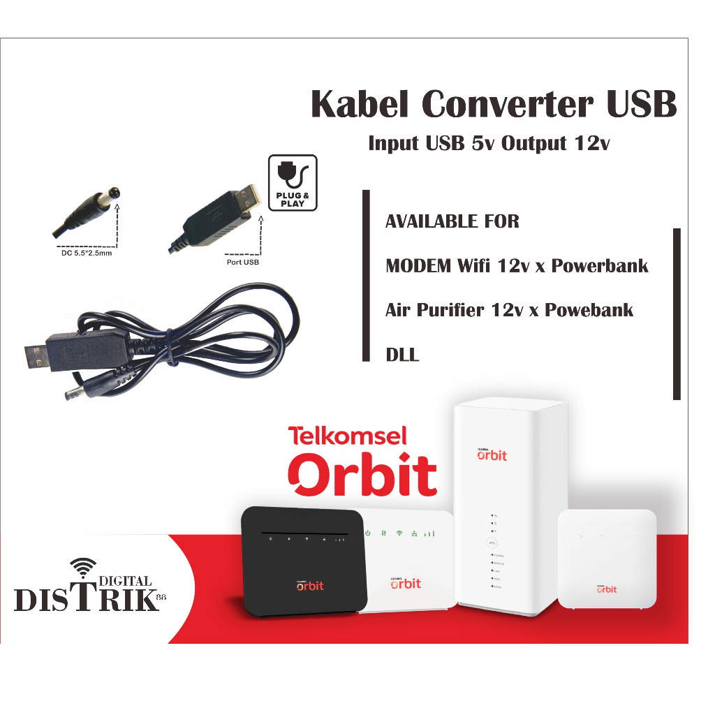Jual Kabel Converter USB 5v to DC 12v for Modem Wifi Orbit Telkomsel ...