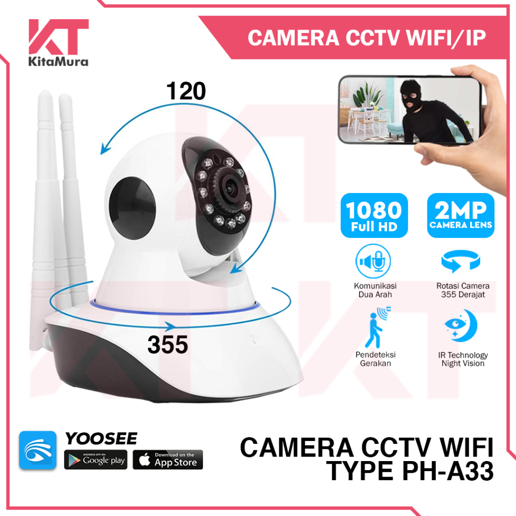 Jual Camera CCTV IP Cam 3 Antena Yoosee Wifi PH-A33 2MP, Full HD 1080, Infra Red Night Vision ...
