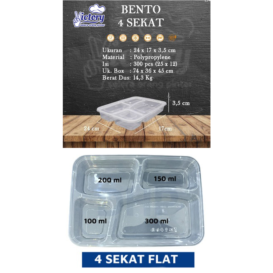 Jual VICTORY Sekat 4 Flat Datar Bento Lunch Box Kotak Makan (25pcs/pack) | Shopee Indonesia