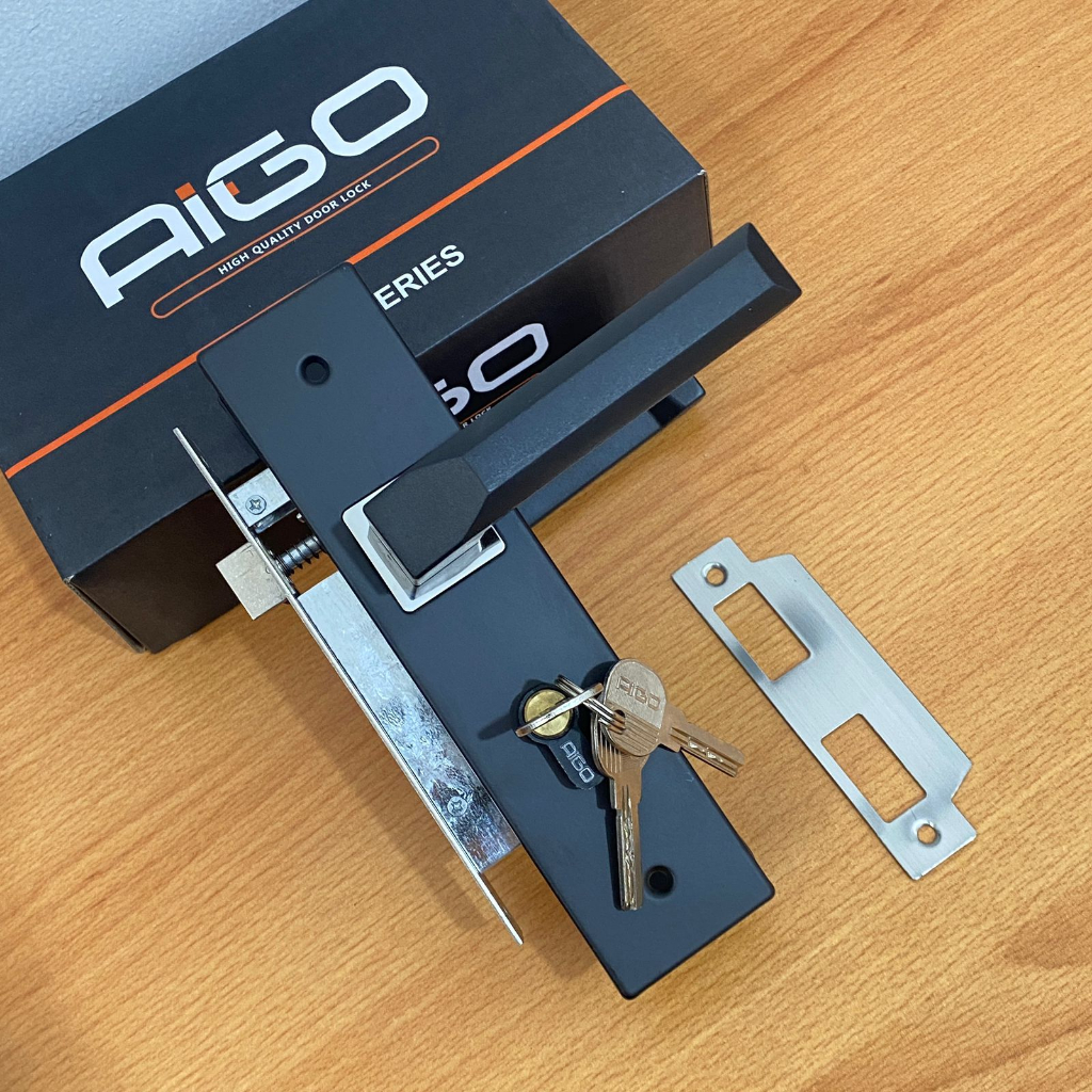 Jual 1 SET KUNCI PINTU RUMAH TANGGUNG 20CM HITAM DOFF AIGO AM-21 / GAGANG PINTU RUMAH BLACK DOFF ...