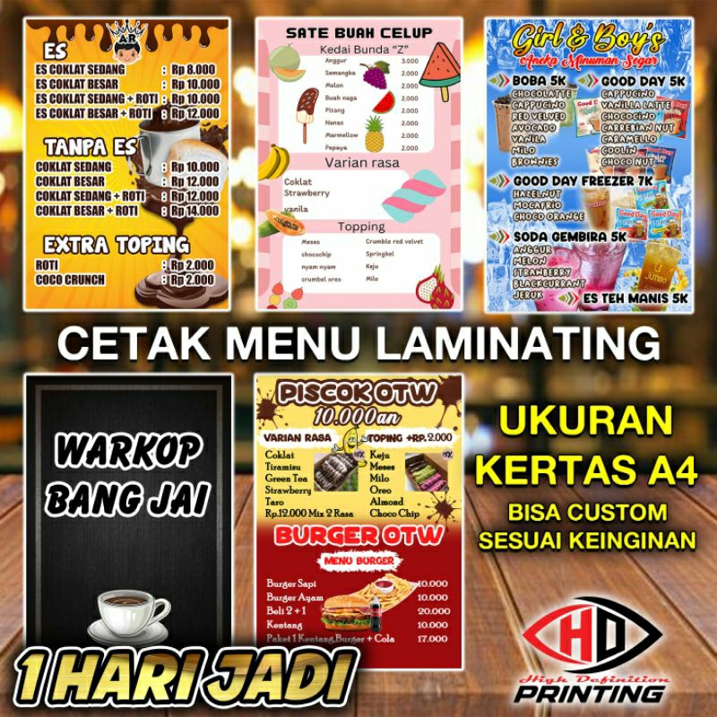 Jual Cetak Daftar Menu Laminating A4 / Papan Menu / Menu Resto / Menu ...