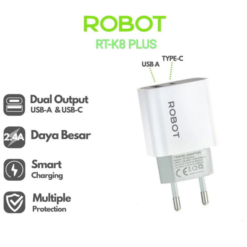 Jual Batok Charger Robot RT-K8 Plus 2.4A Dual Output USB C & USB A Iphone Android | Shopee Indonesia