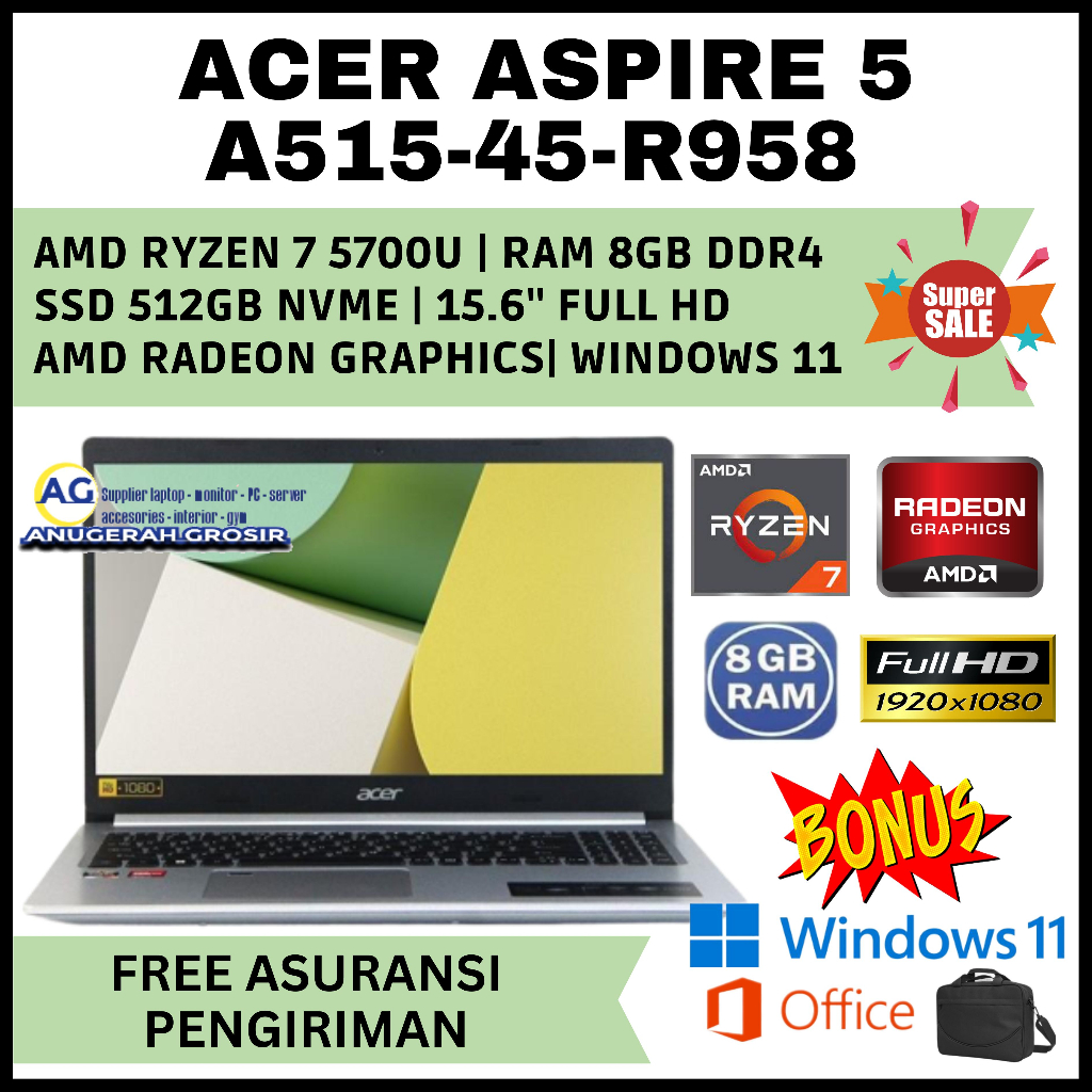 Jual Laptop gaming Acer Aspire 5 A515-45-R958 Ryzen 7-5700U Ram 8GB Ssd ...