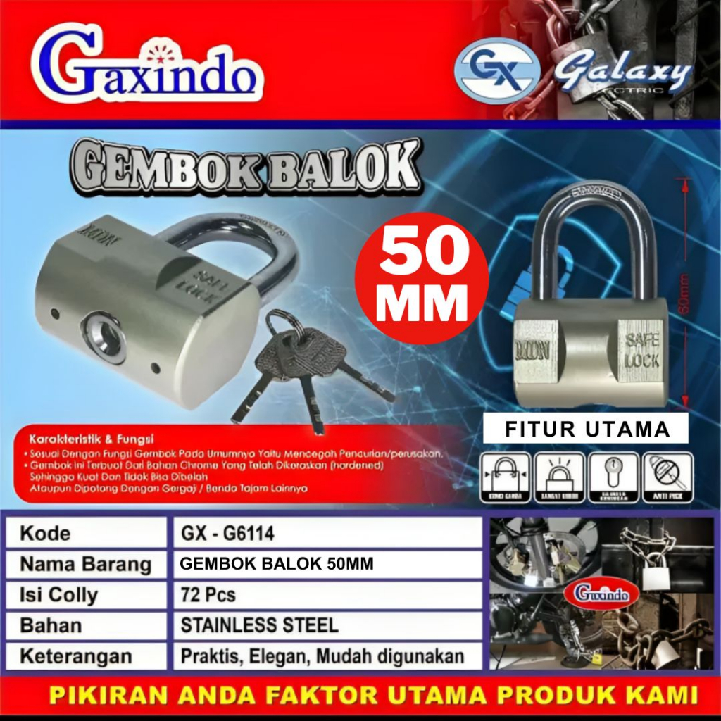 Jual GEMBOK BALOK MEREK GAXINDO GX-G6114 UKURAN 50MM | Shopee Indonesia
