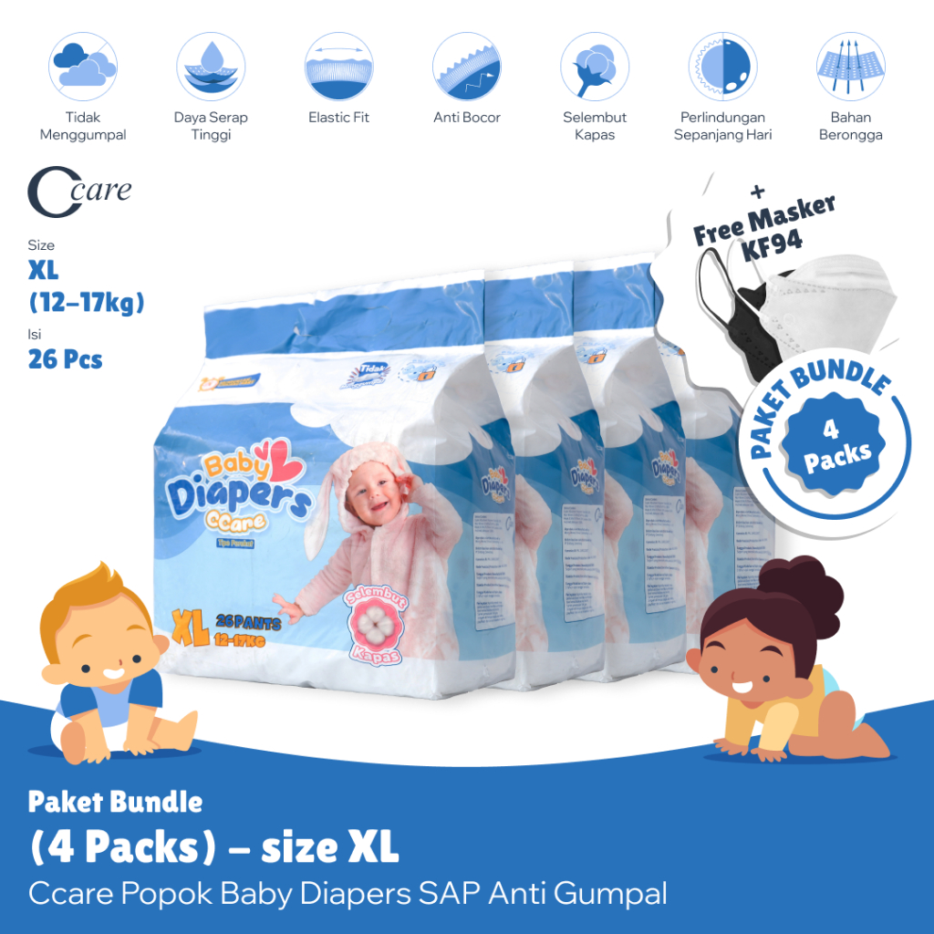 Jual [4 PACK] CCARE POPOK BABY DIAPERS SAP ANTI GUMPAL SIZE XL free ...