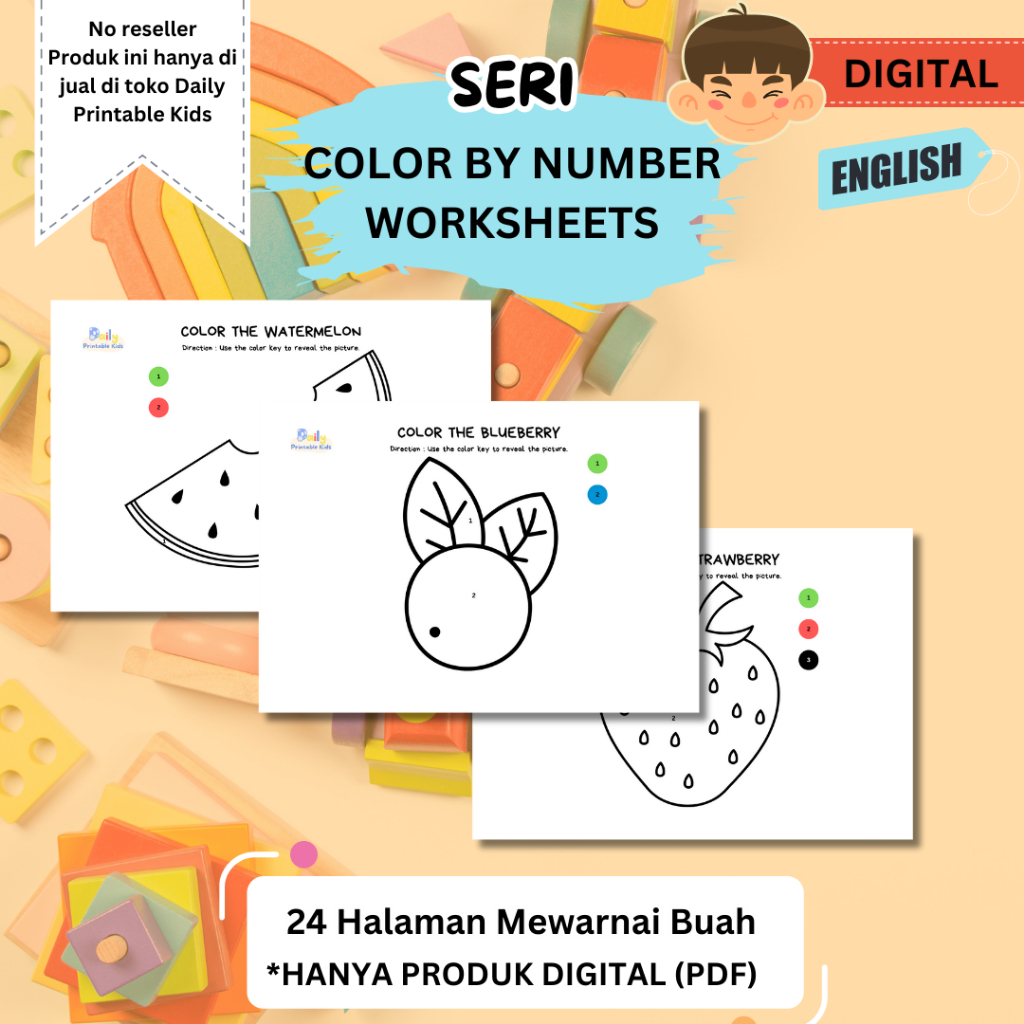 Jual Printable Lembar Kerja Anak Seri Mewarnai Buah Berdasarkan Nomor ...