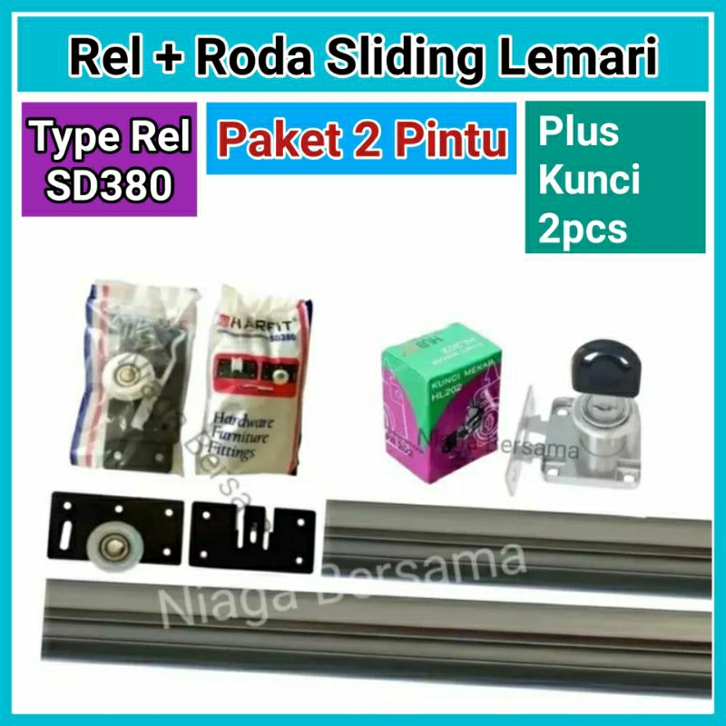 Jual Rel Sliding Lemari Timbul SD380 Paket 2 Pintu Plus Kunci Dan Roda Geser | Shopee Indonesia