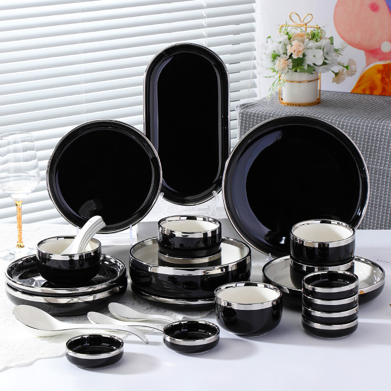 Jual ASHOME Piring Makan Keramik Hitam Silver / Piring Hitam Keramik ...
