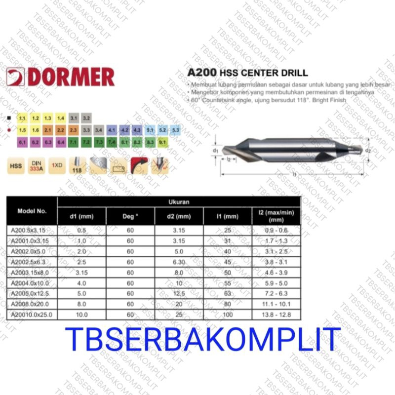 Jual Dormer HSS Center Drill A200 Uk 0.5mm 1mm 2mm 2.5mm 3.15mm 4mm 5mm ...