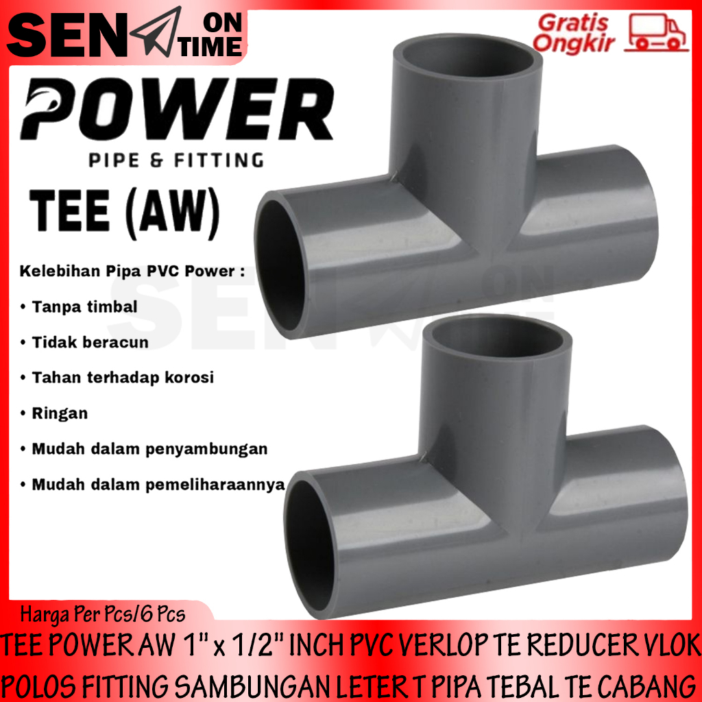 Jual TEE PVC POWER AW 1" x 1/2" INCH VERLOP TE REDUCER VLOK POLOS FITTING SAMBUNGAN LETER T PIPA ...