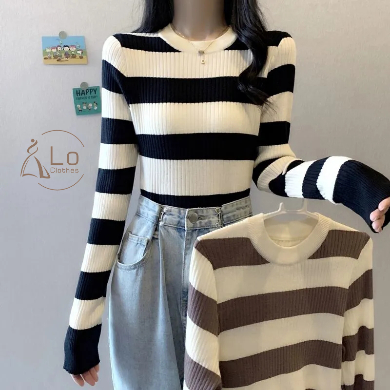 Jual Ekouaer Sweater Soft Knit Garis- garis Long Sleeve Atasan Rajut ...