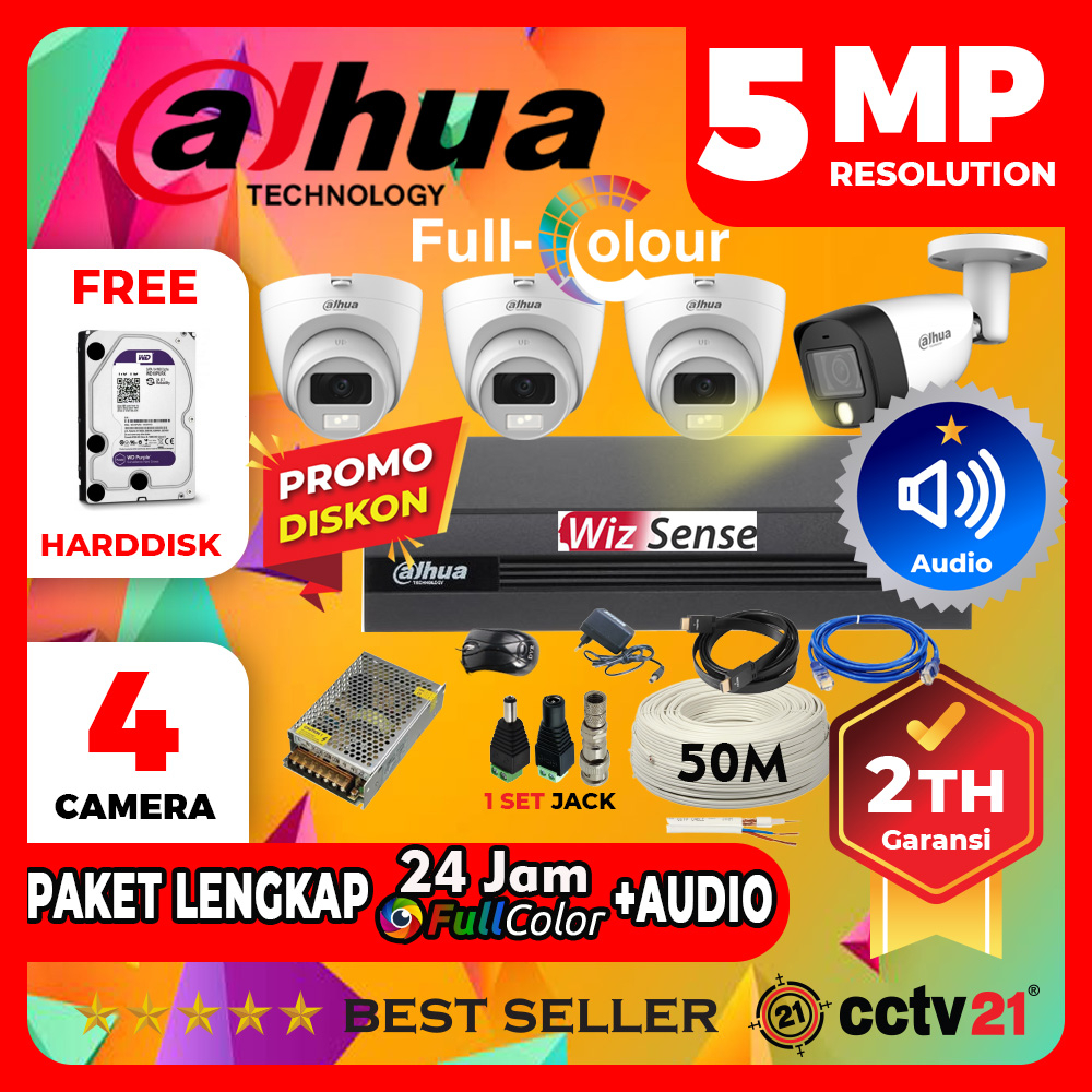 Jual Paket Lengkap 4 Camera cctv 5MP ColorVu Audio DAHUA Full Color ...