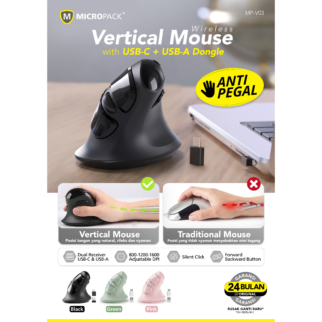 Jual MICROPACK- 100% ORIGINAL MOUSE WIRELESS VERTICAL DUAL RECEIVER USB ...
