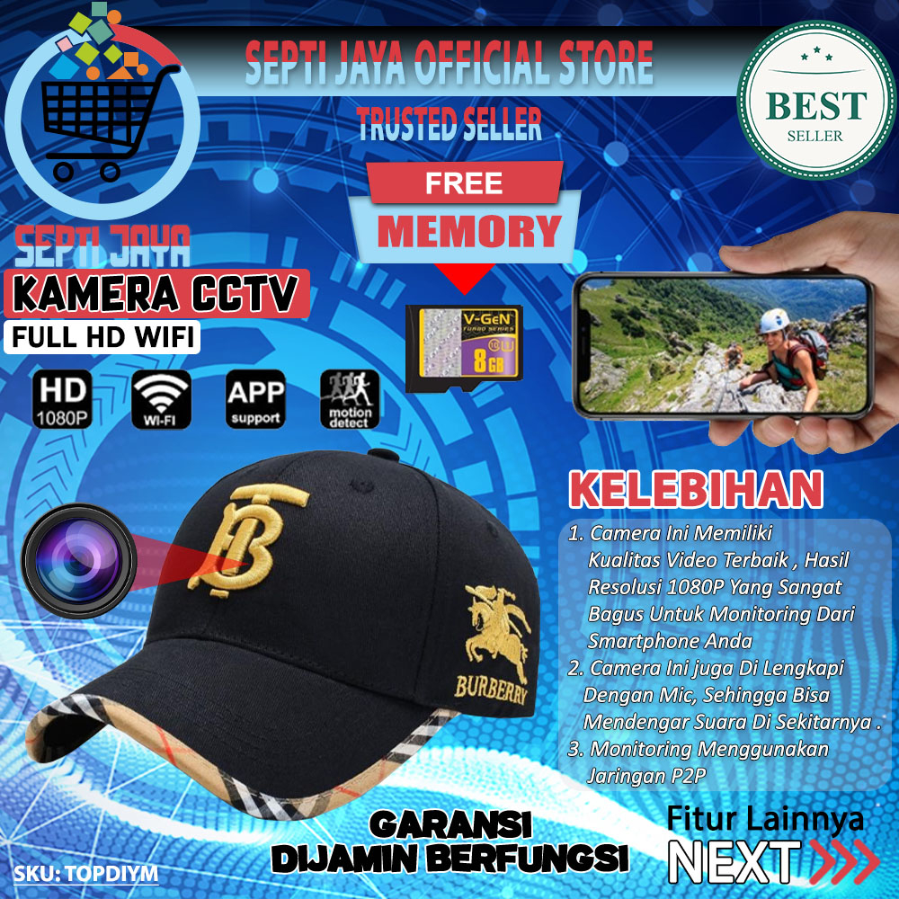 Jual Topi Spy Cam Camera Wifi Wireless Full HD 1080P Memory 8GB Kamera ...
