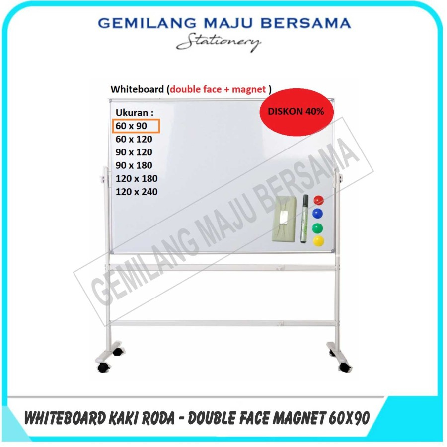 Jual Whiteboard / Papan Tulis + Kaki Roda 60cm x 90cm ( Double face ...