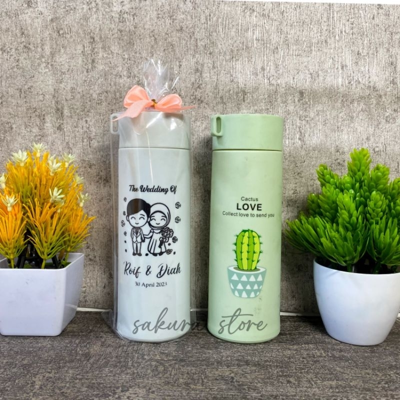 Jual Souvenir Botol Tumbler Kaktus Sablon Custom Kemasan Plastik + Pita ...
