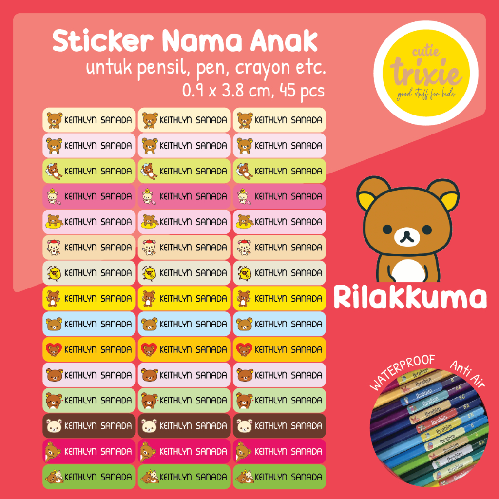 Jual Sticker label nama anak untuk pensil pen crayon Rilakkuma | Shopee ...