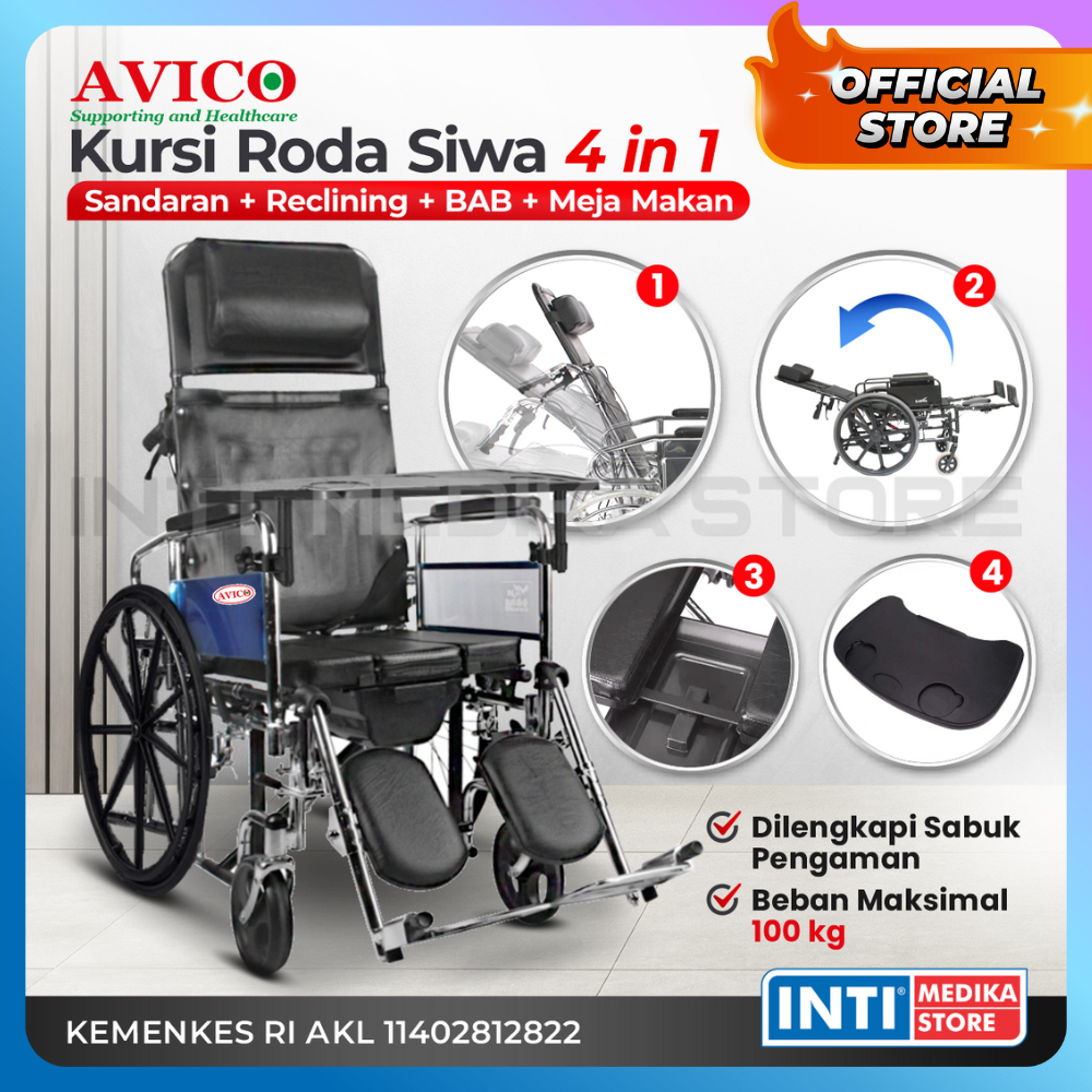 Jual AVICO - Kursi Roda 4In1 Sandaran Kepala + Miring + Commode BAB + Meja | Shopee Indonesia
