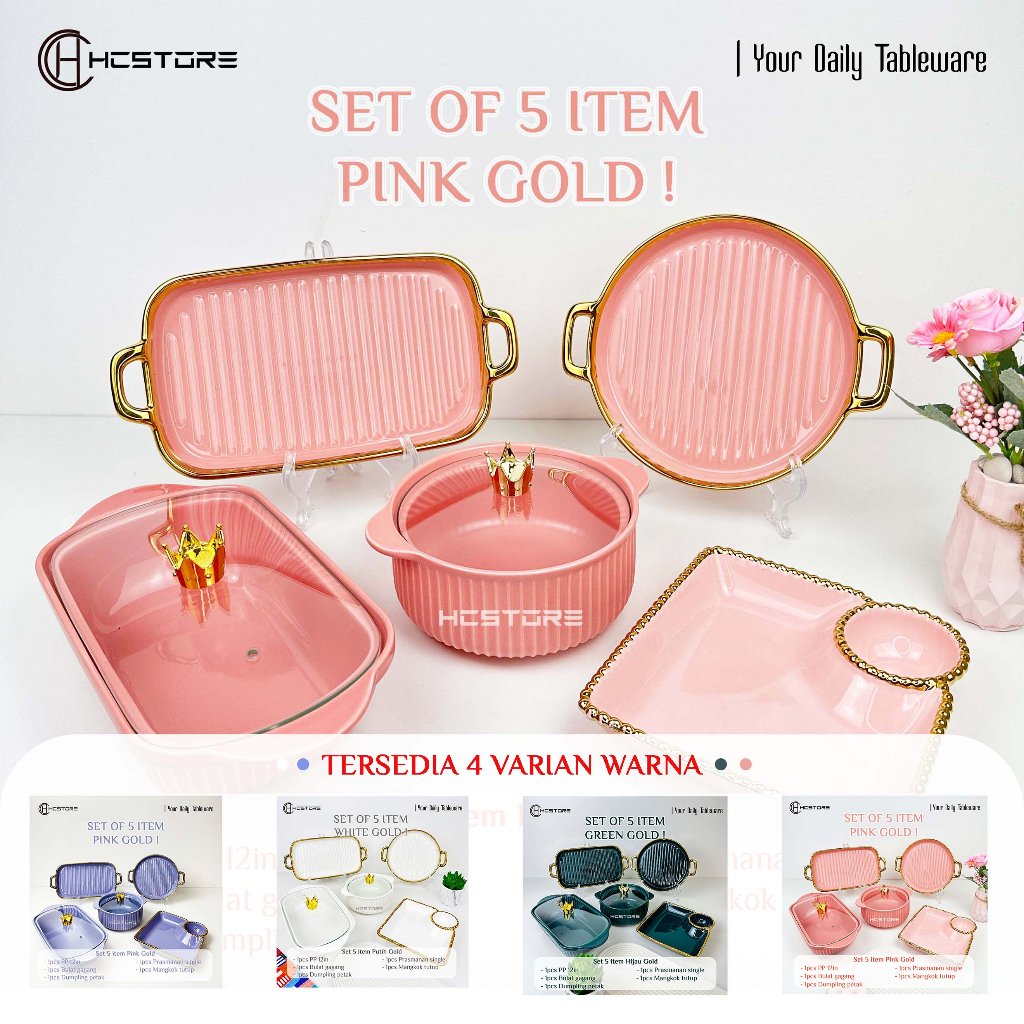 Jual Set piring perlengkapan makan warna Pink & Hijau Gold 1 set isi 5 ...