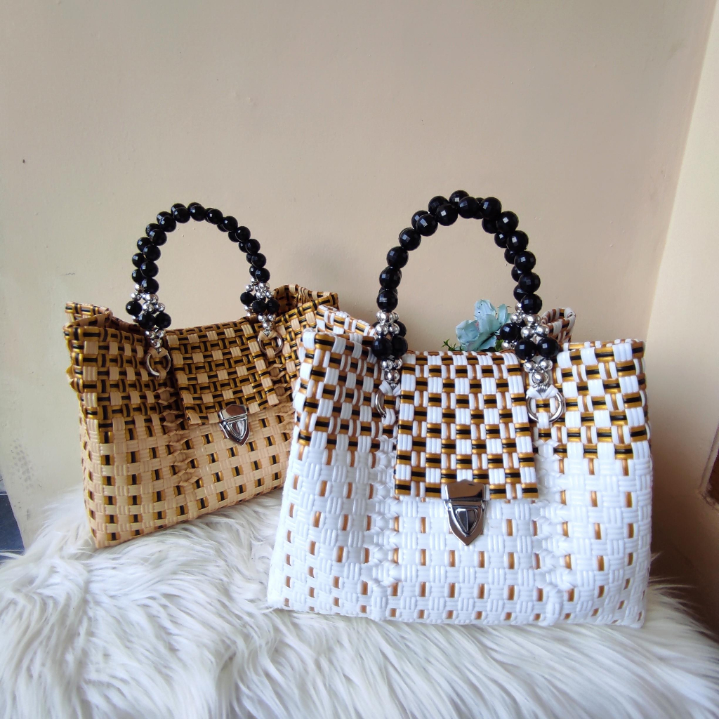 Jual (Gratis Aksesoris Rainbow) Tas Anyam Jali Handle Mutiara Akrilik ...