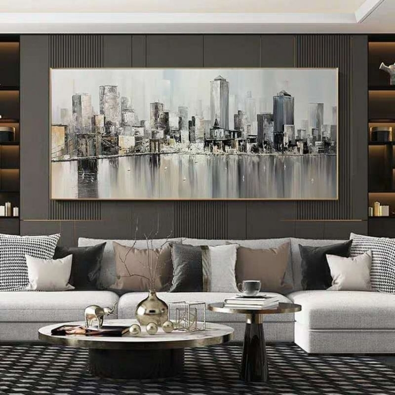 Jual Lukisan dinding abstrak tekstur city American style include frame ...