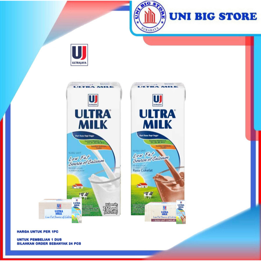 Jual Susu ULTRA Milk Low Fat High Calcium Milk 250 ml Plain dan Coklat | Shopee Indonesia