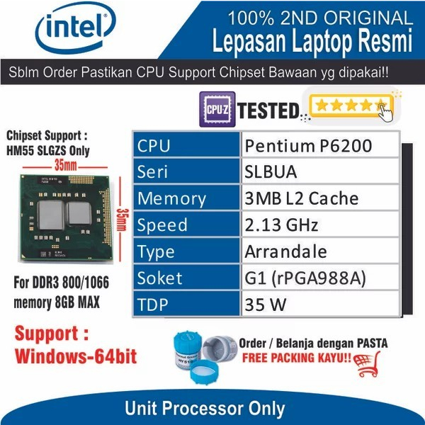 Jual ET31 CPU-PNT-9 Processor Intel Pentium P6200 3M 2.13 GHz SLGZS ...