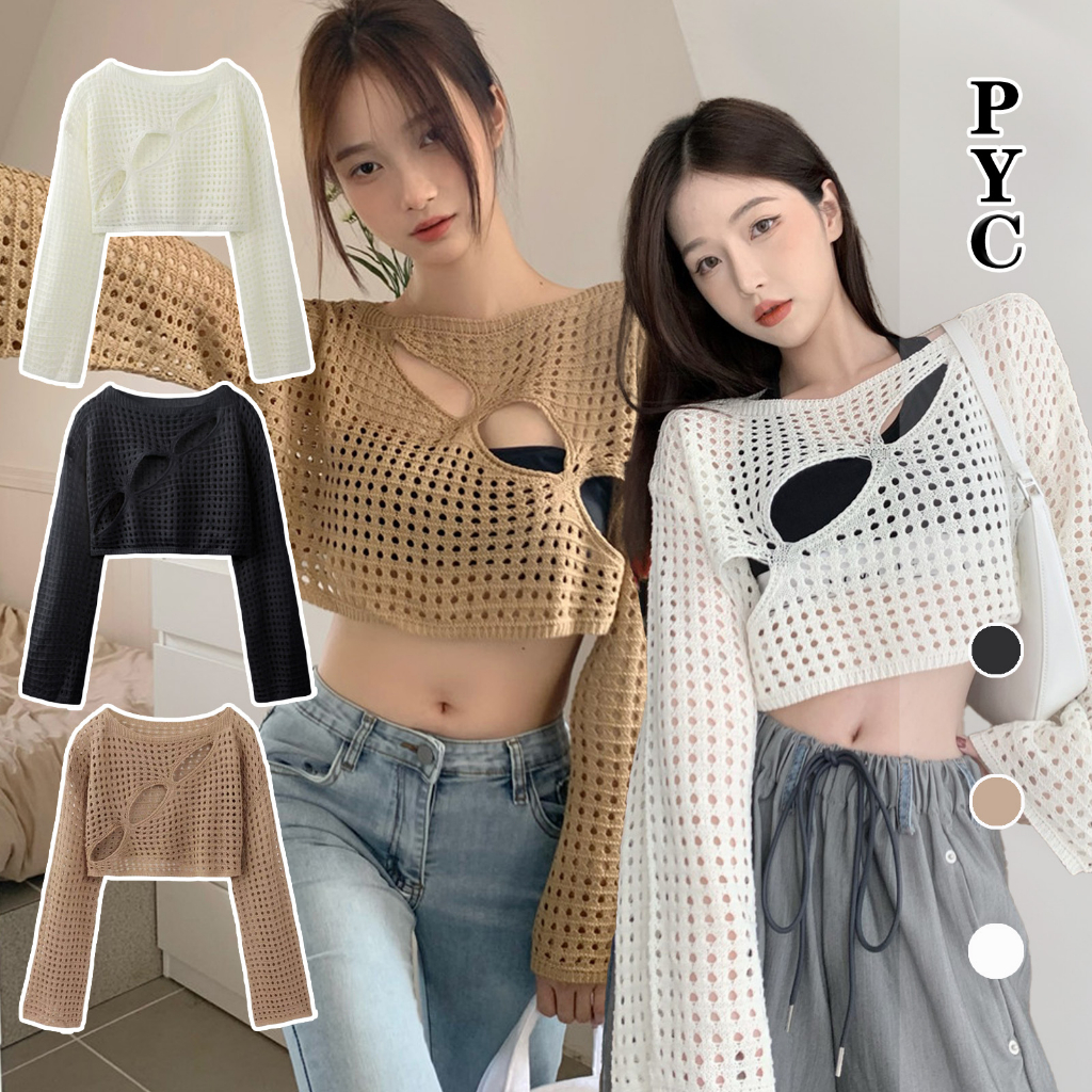 Jual Korean Style Outer Rajut Atasan Crop Top Jaring Fashion Lengan ...