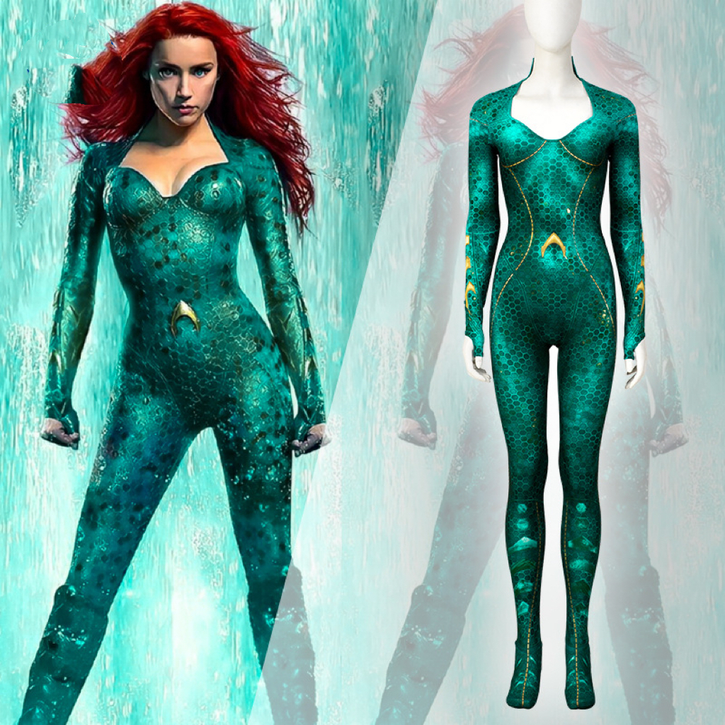 Jual Mera Cosplay Costume Jumpsuit Superhero Mera Green Zentai Bodysuit ...