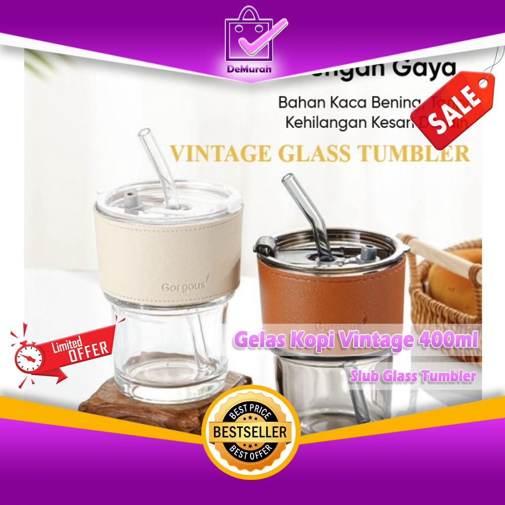 Jual Slub Glass Tumbler Kaca Gelas Kopi Vintage 400ml Free Sedotan 0978 ...