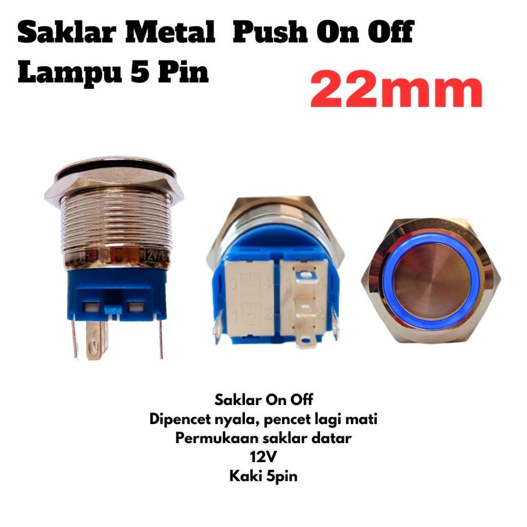 Jual Saklar Metal 22mm Push On Off Lampu 5 Pin Switch Stainless 5pin ...