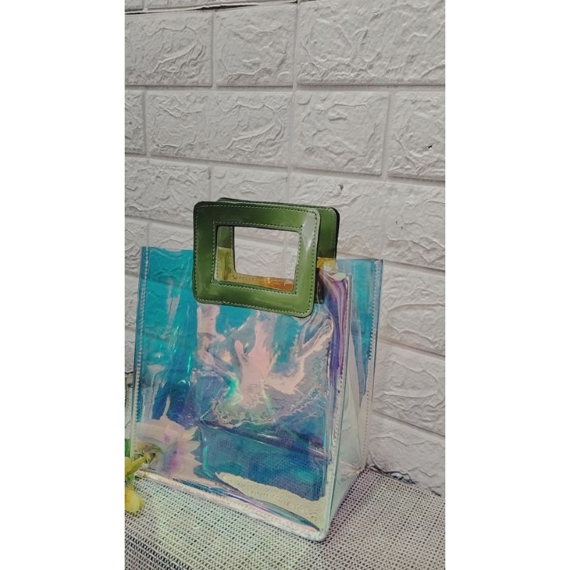 Jual tas mika hologram size 20*10*25 cm tali sintetis warna macha bahan ...