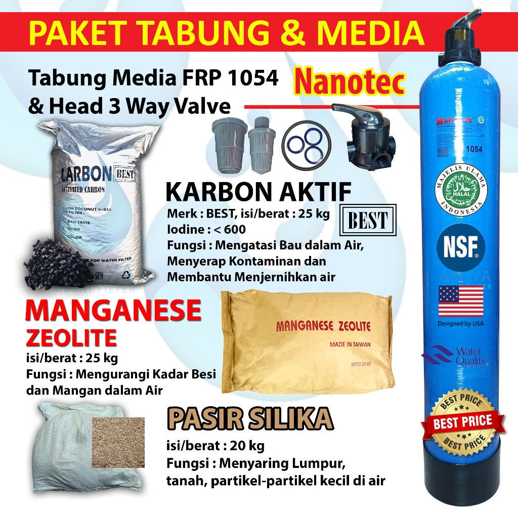 Jual Paket Tabung Media FRP 1054 Nanotec + Head 3 Way Valve + Pasir Silika 20 Kg + Manganese ...