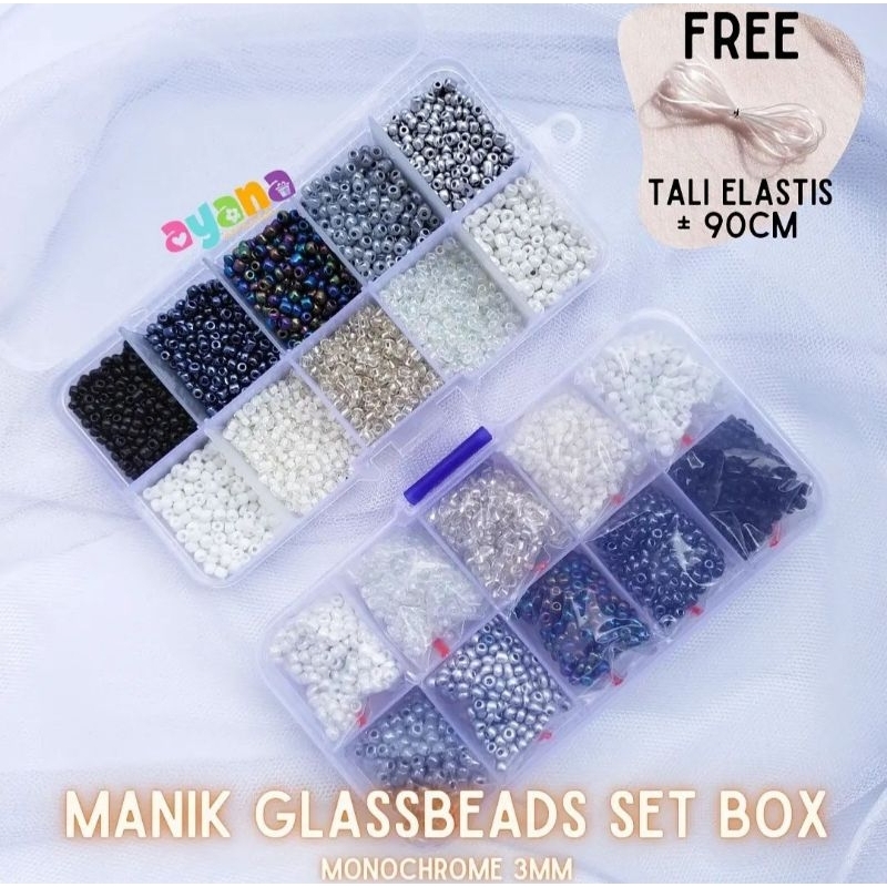Jual Manik Glass Beads Set Box Monocrom 3mm free tali | Shopee Indonesia