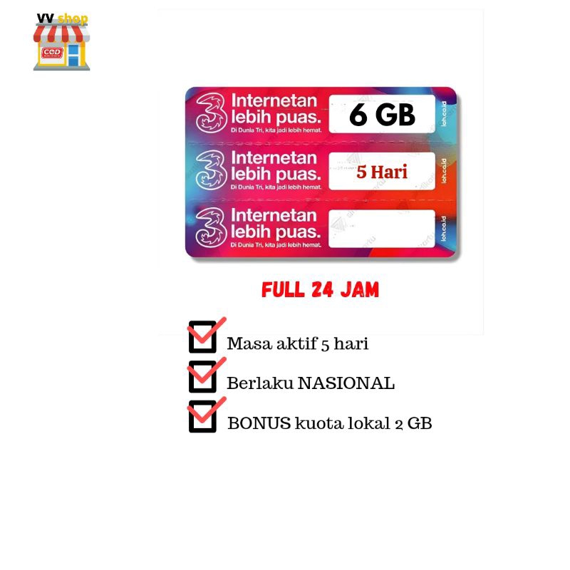 Jual VOUCHER Three 6GB 5 Hari NASIONAL, Paket data tri | Shopee Indonesia